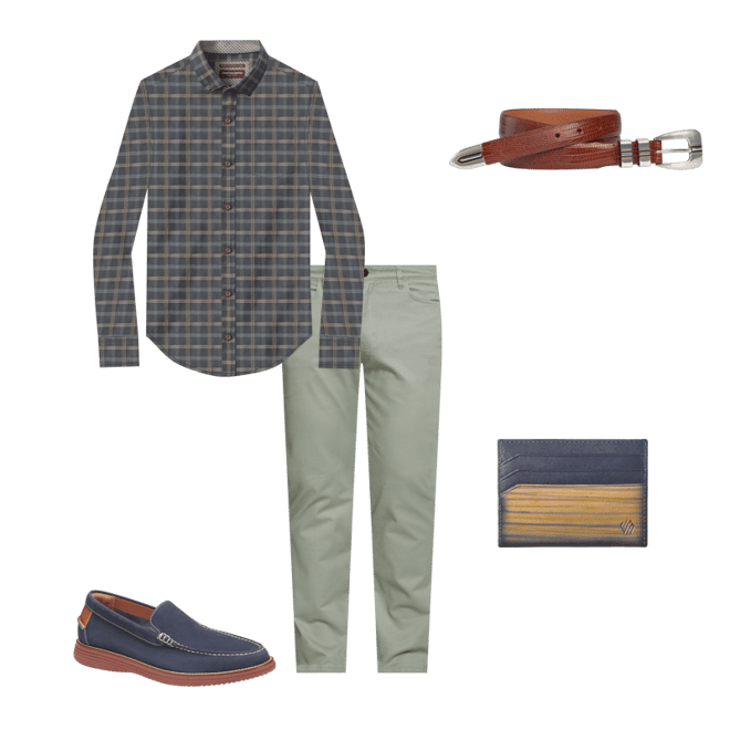 Men's Heathered Woven Shirt in Charcoal/Tan Triple Grid Check