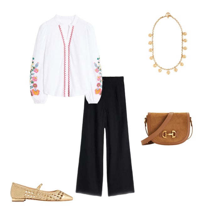 Embroidered Frill Neck Blouse-White, Multi Floral Embroidery Embroidered Frill Neck Blouse-White, Multi Floral Embroidery