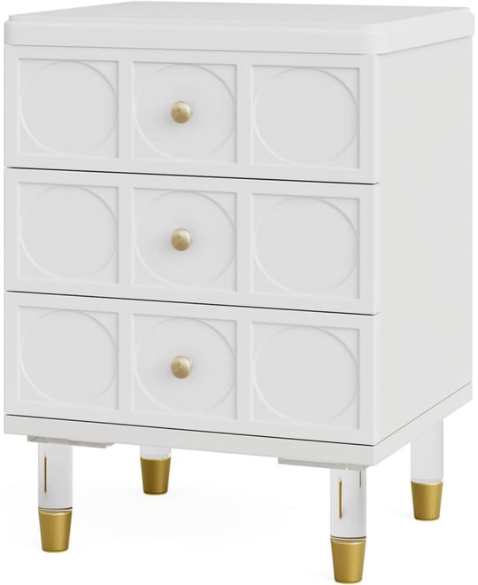 Tribesigns 3 Drawer Nightstand Tall White and Gold Bedside Table with Drawers Versatile Modern White Night Stand with Storage for Bedroom Living Roo